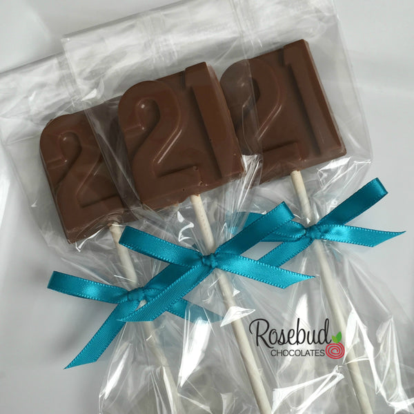 12 NUMBER TWENTY ONE #21 Chocolate Lollipop Candy Party Favors 21st Bi ...