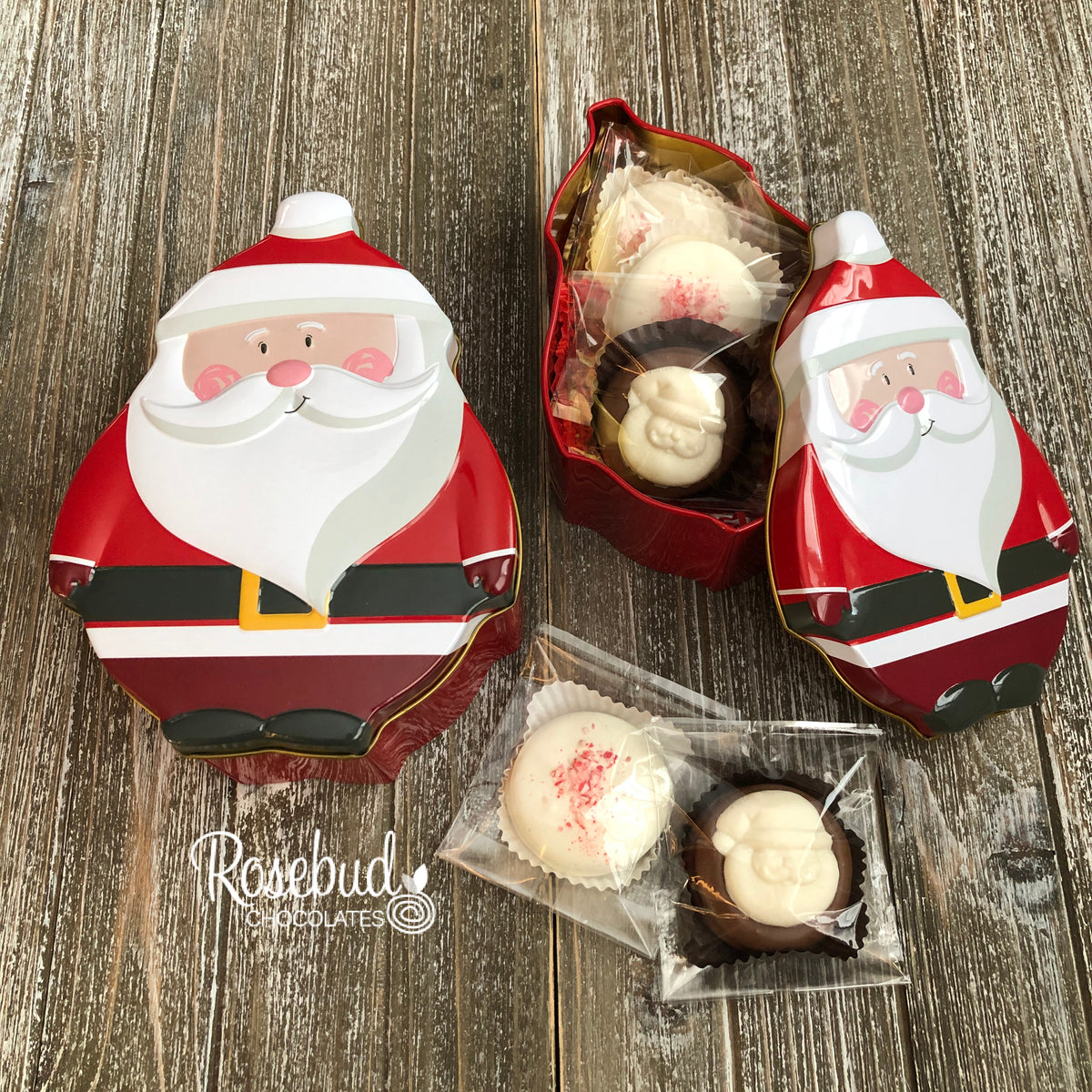 2 SANTA CLAUS TINS with 10 Individually Sealed Chocolate Covered Oreo ...