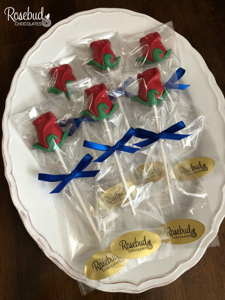 12 RED ROSE with Green Leaves Chocolate Lollipop Candy Party Favors – Rosebud Chocolates